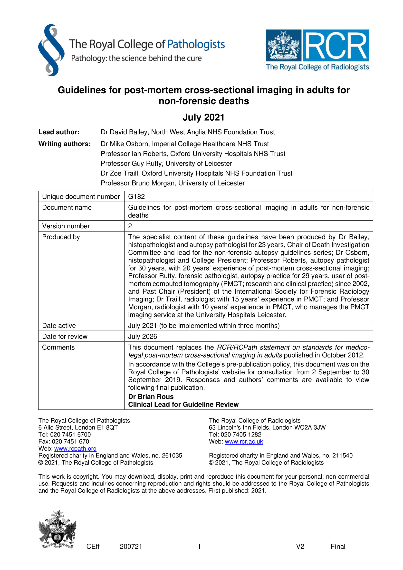 RCR/RCPath statement on standards for medico-legal post-mortem cross ...